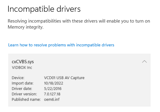 Core Isolation/Memory Integrity incompatibility (VCD01)