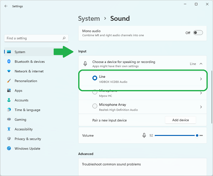 How to enable an audio input (Windows 11)